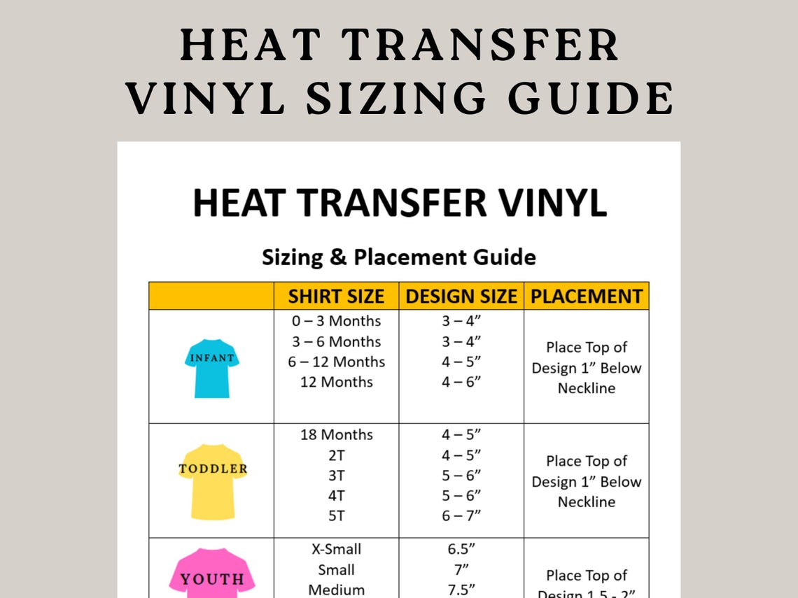 Heat Transfer Vinyl Sizing Guide, HTV Sizing Guide, Vinyl Sizing, T ...