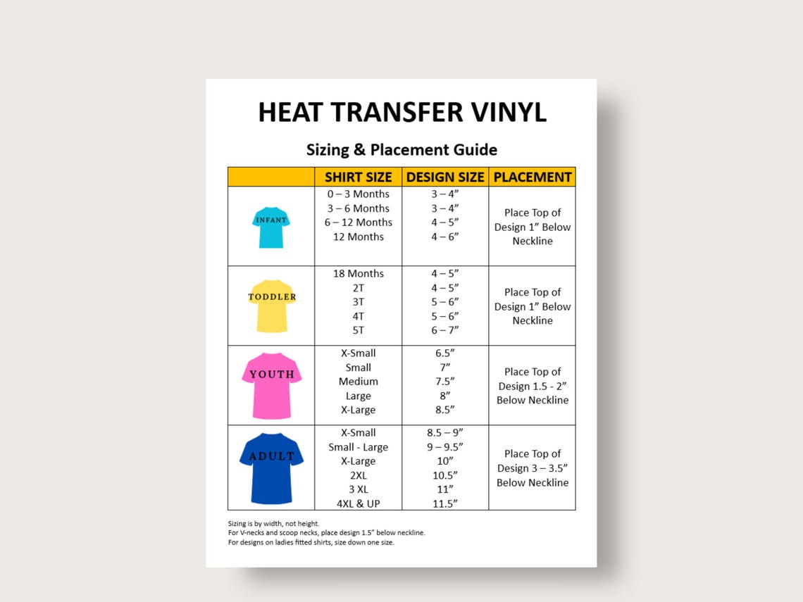 Heat Transfer Vinyl Sizing Guide, HTV Sizing Guide, Vinyl Sizing, T ...
