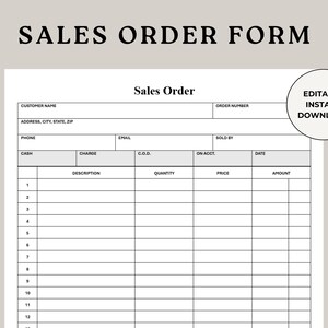 Sales Order Form, Customer Order Form, Product Sales Sheet, Order Form ...