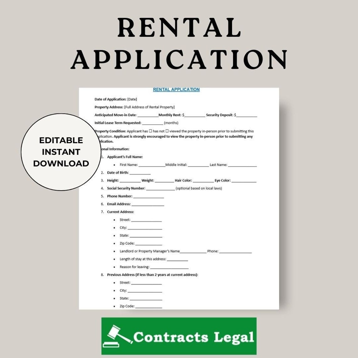 Rental Property Application Form, Rental Application, Residential Lease ...
