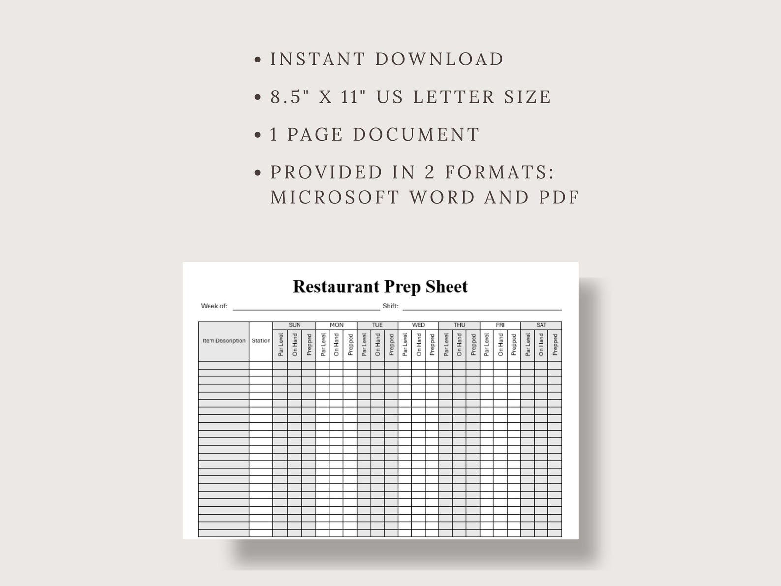 Restaurant Prep Sheet, Food Prep Chart, Food Prep Sheet, Restaurant ...