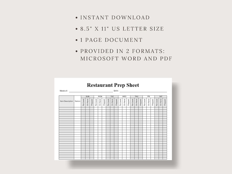 Restaurant Prep Sheet, Food Prep Chart, Food Prep Sheet, Restaurant ...