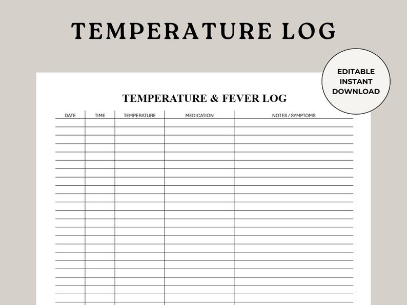 Temperature Log, Temperature Record, Temperature Sheet, Temperature ...