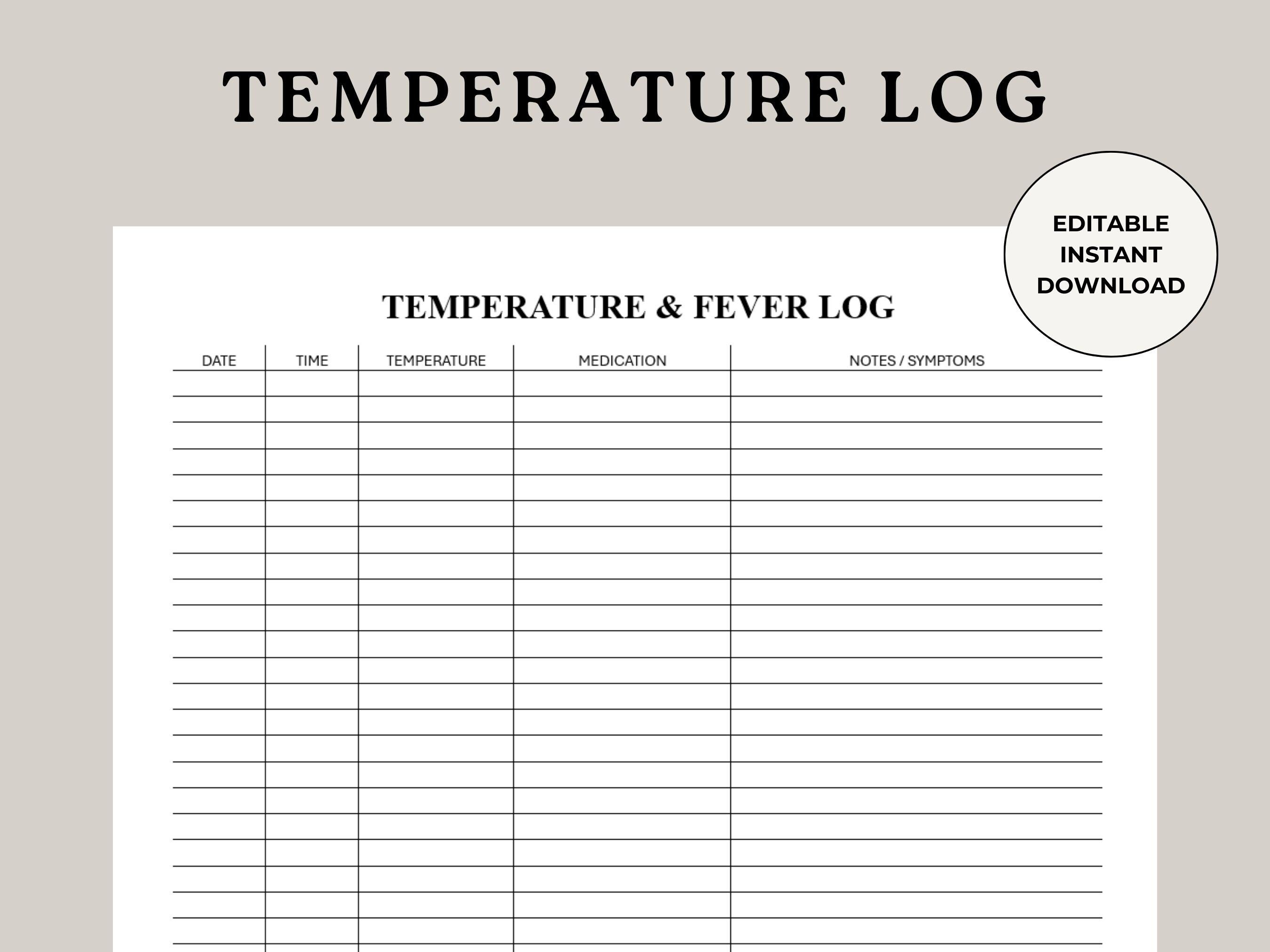Temperature Log, Temperature Record, Temperature Sheet, Temperature ...