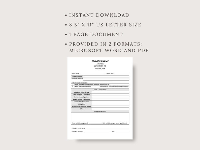 Return to Work Note, Excuse Letter, Doctor Excuse, Work Excuse, Excuse ...