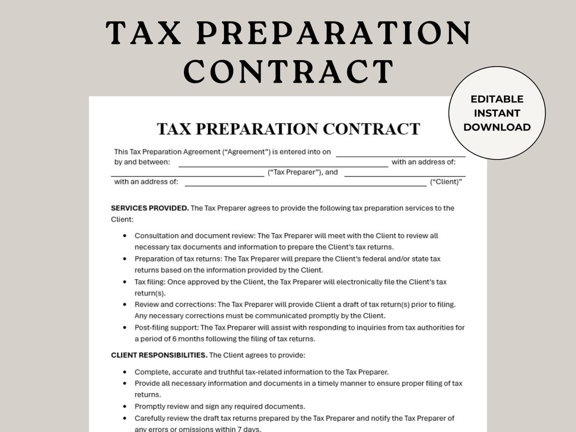 Tax Preparation Contract Template: Accountant Forms (digital Download ...
