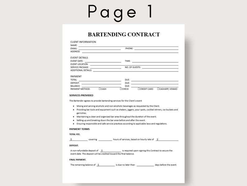 Bartending Contract, Bartending Agreement, Bartending Business, Wedding ...