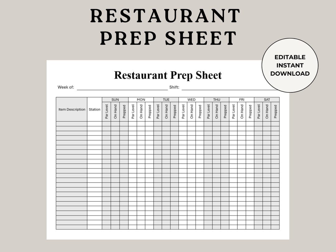 Restaurant Prep Sheet, Food Prep Chart, Food Prep Sheet, Restaurant ...