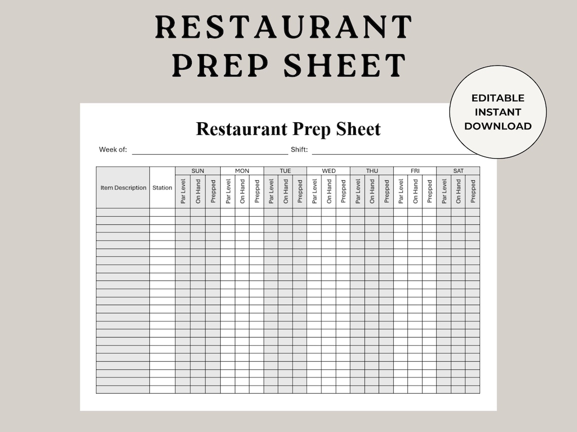 Restaurant Prep Sheet, Food Prep Chart, Food Prep Sheet, Restaurant ...