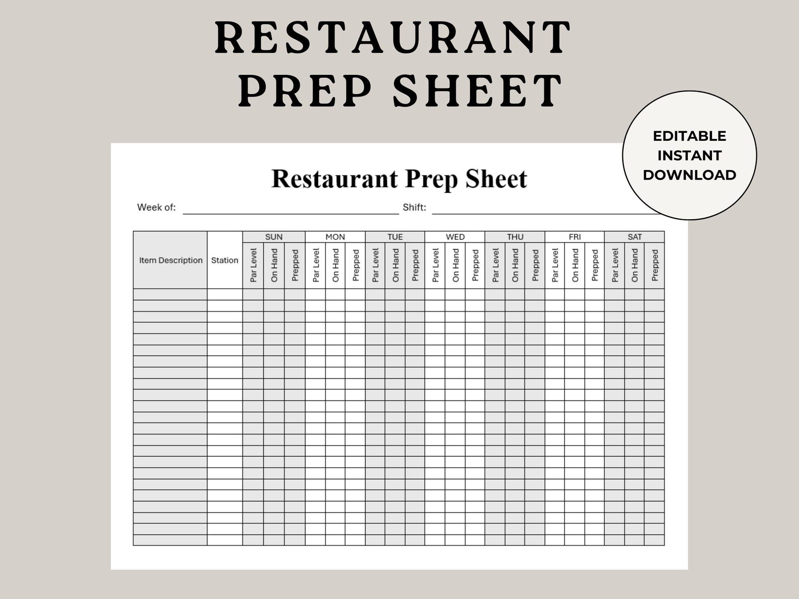 Restaurant Prep Sheet, Food Prep Chart, Food Prep Sheet, Restaurant ...