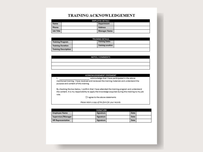 Training Acknowledgement Form: HR Employee Onboarding (digital Download ...
