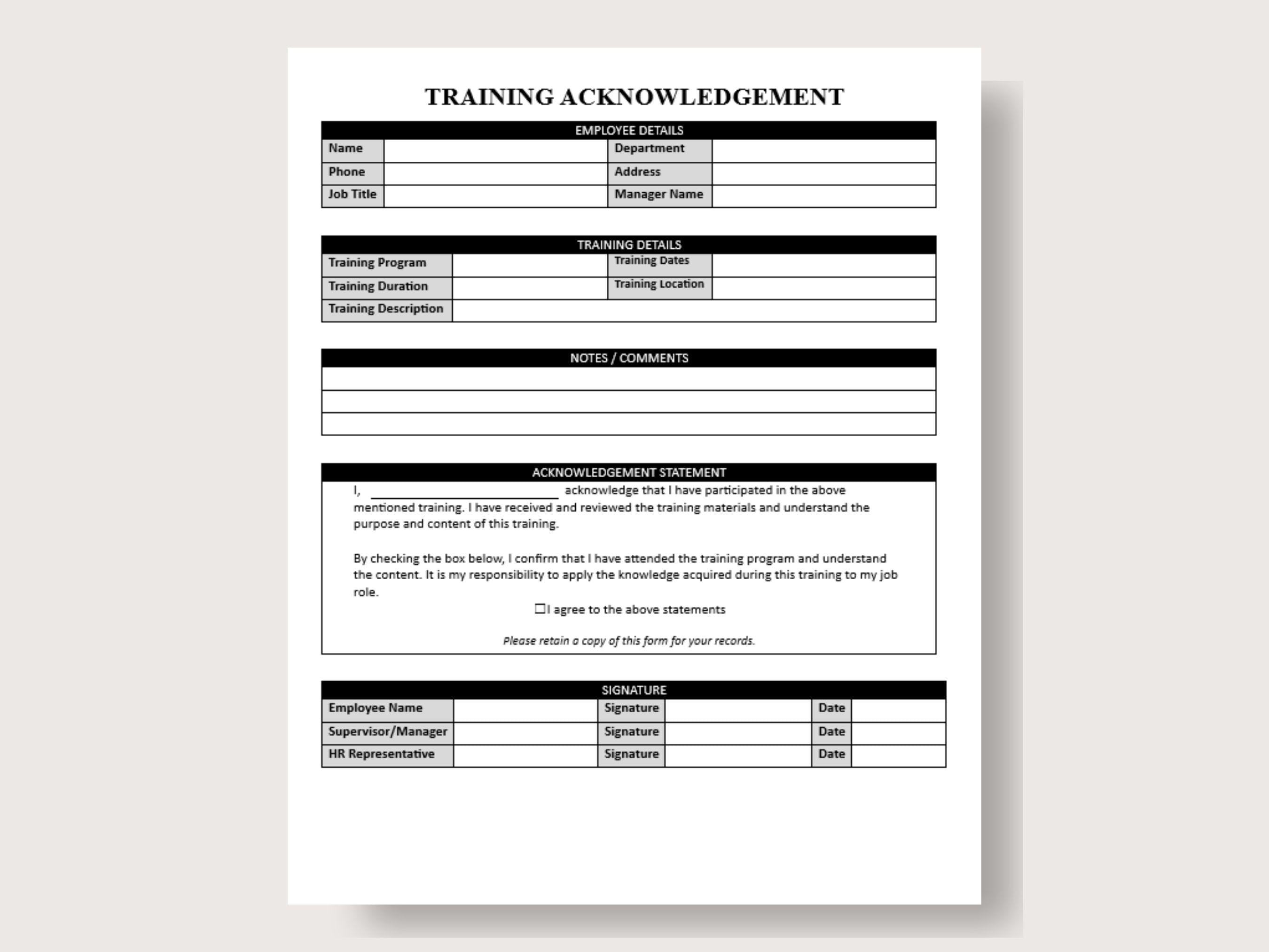 Training Acknowledgement Form Hr Employee Onboarding Digital Download