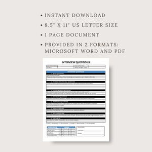 Interview Questions Template: HR Hiring Forms (digital Download, US ...