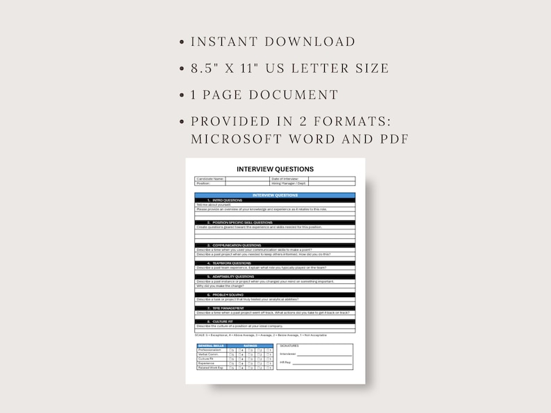 Interview Questions Template: HR Hiring Forms (digital Download, US ...