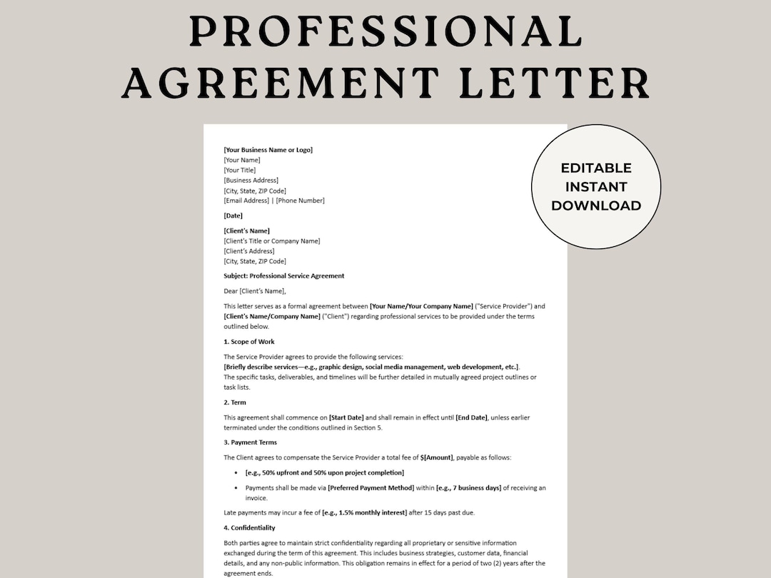 Professional Agreement Letter Template: Customizable Legal Contract ...