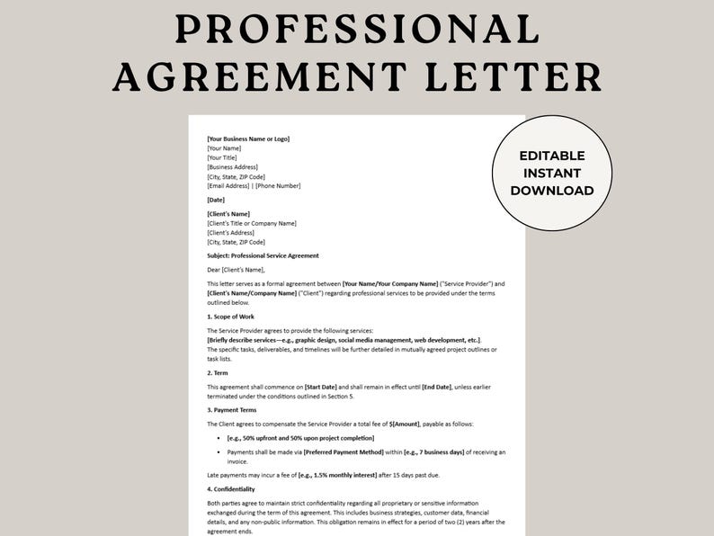 Professional Agreement Letter Template: Customizable Legal Contract ...