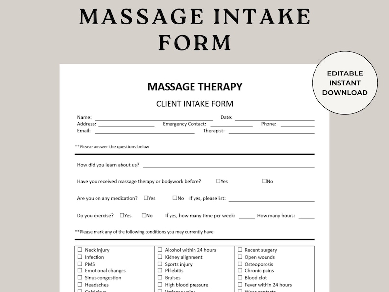 Massage Intake Form, Massage Consent Form, Massage Waiver, Massage ...
