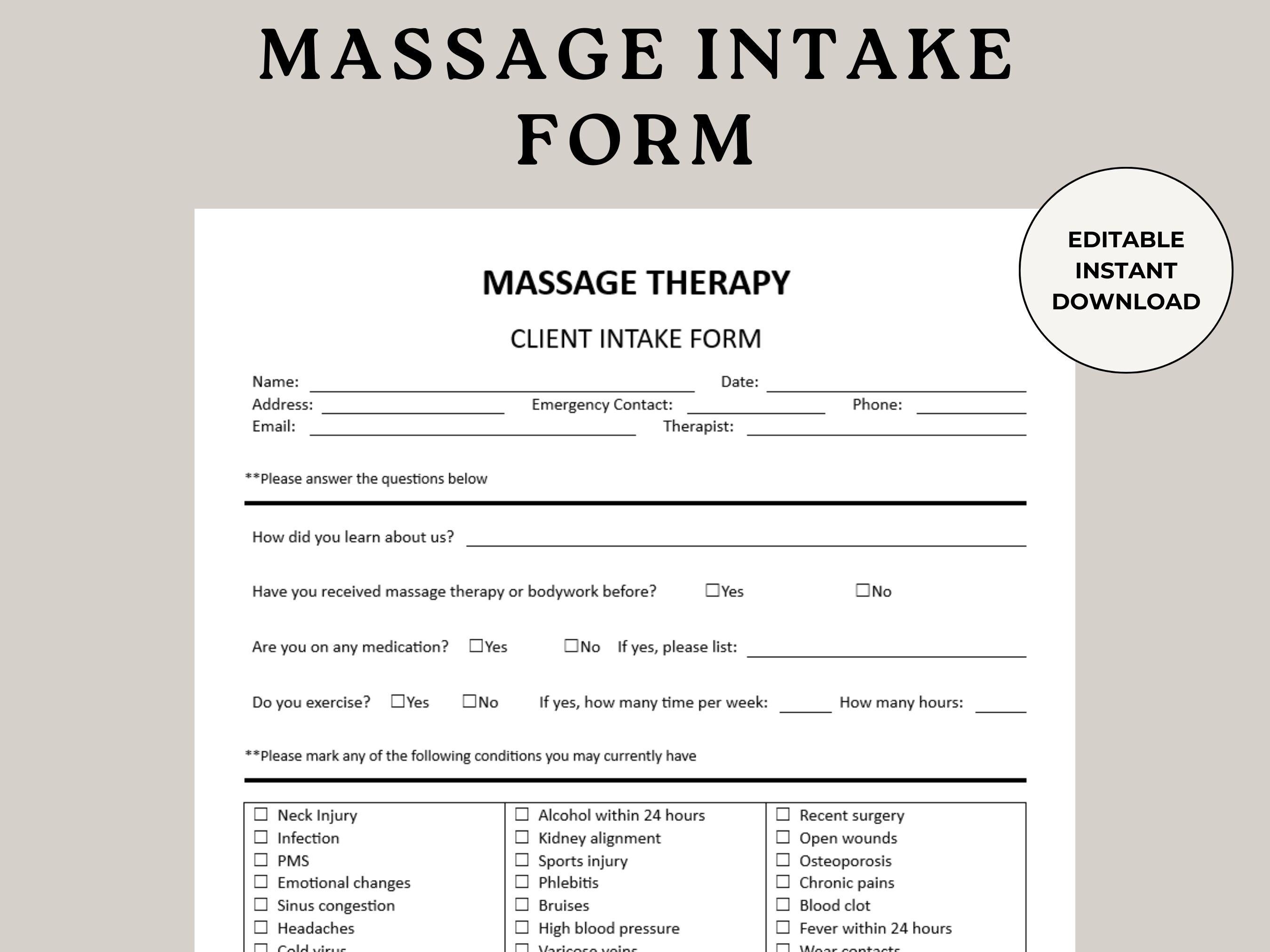 Massage Intake Form, Massage Consent Form, Massage Waiver, Massage ...