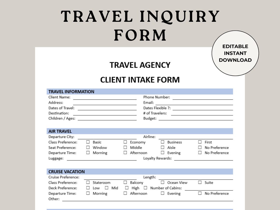 Travel Inquiry Form, Customer Information, Travel Proposal, Travel ...