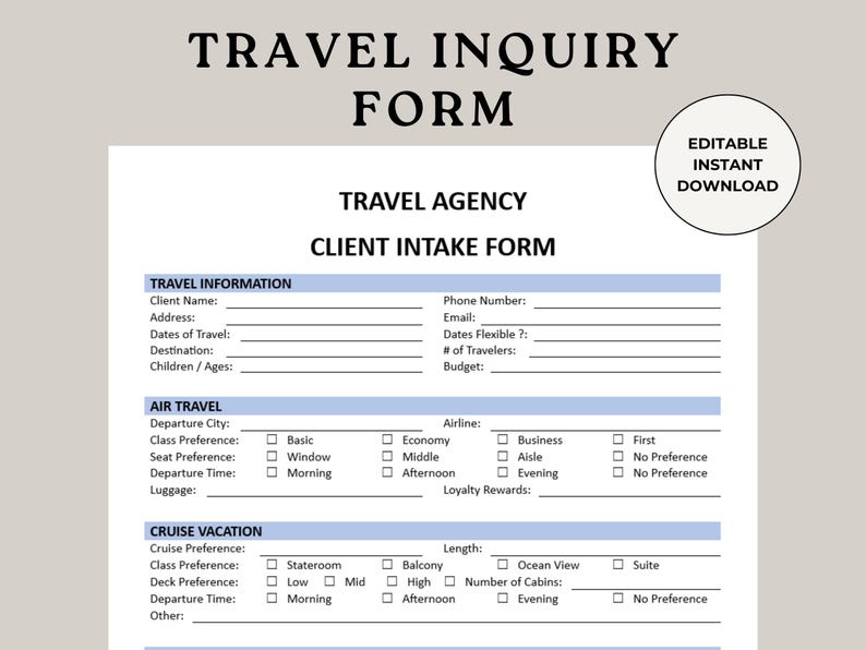 Travel Inquiry Form Template: Client Consultation, Agent Invoice (PDF ...