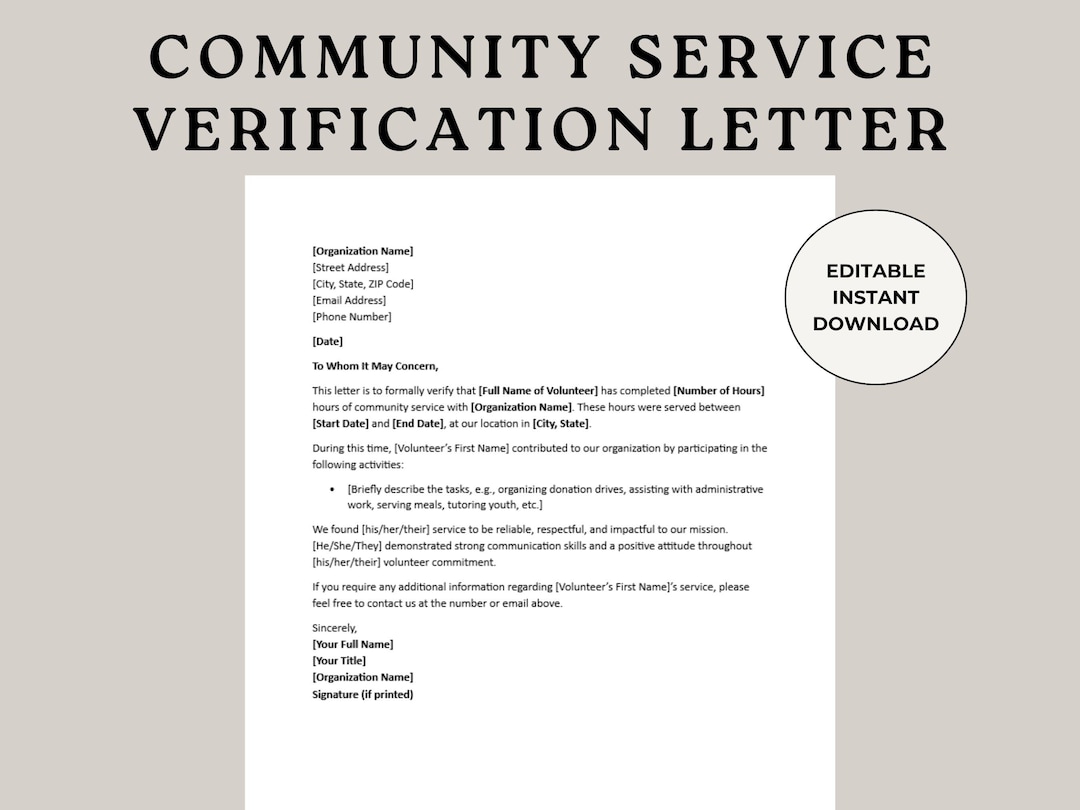 Community Service Verification Letter Template: Editable Volunteer Form ...