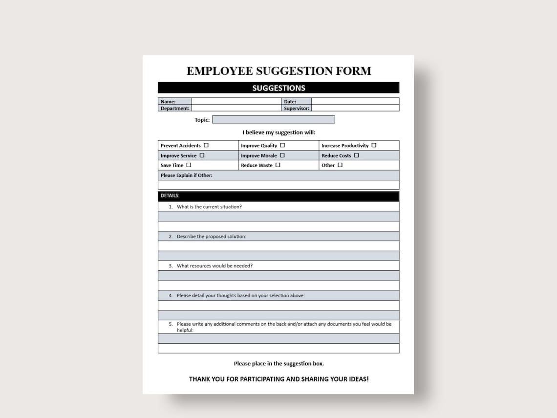 Employee Suggestion Form, Employee Suggest, Human Resource Forms ...