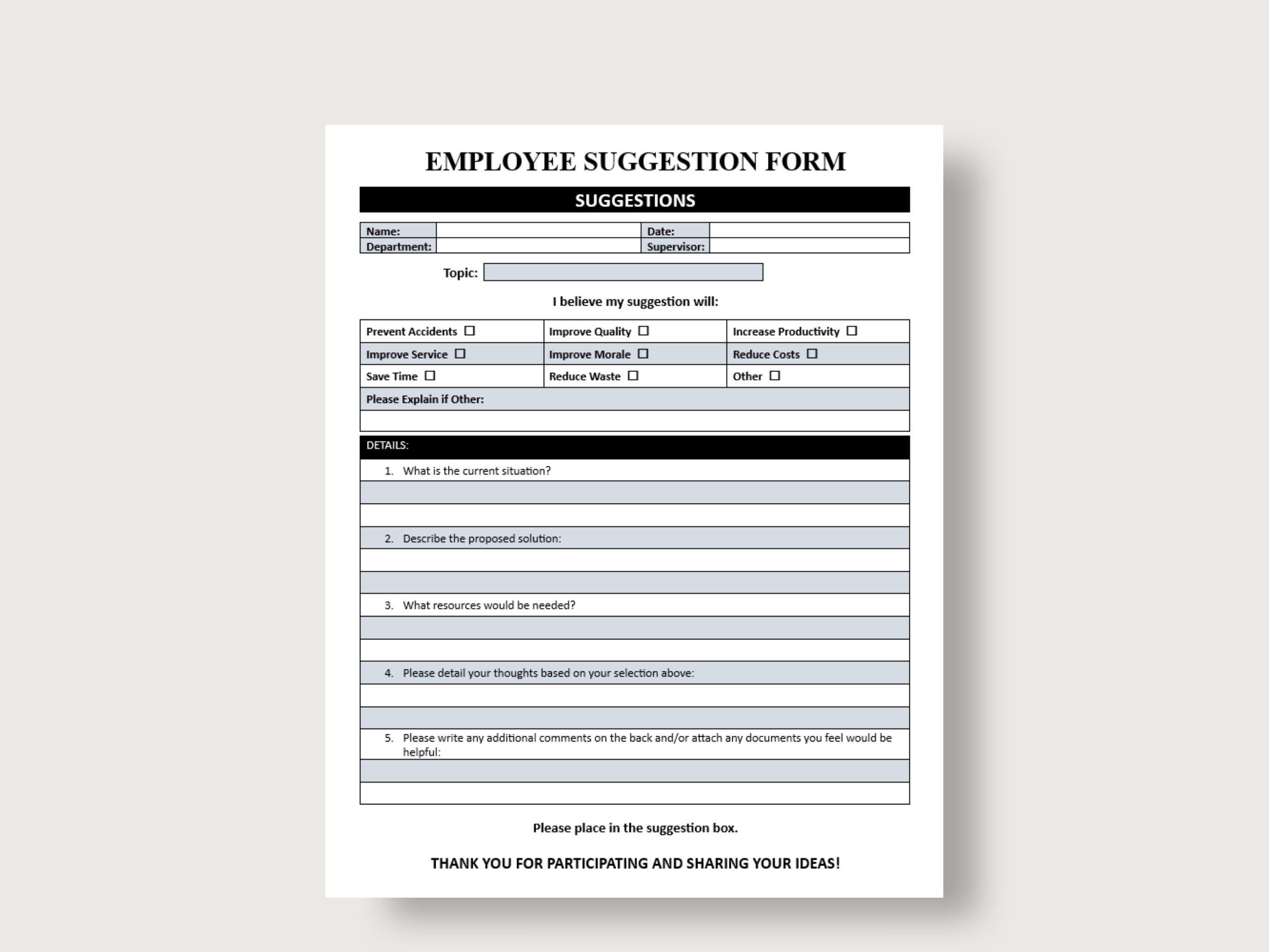 Employee Suggestion Form, Employee Suggest, Human Resource Forms ...