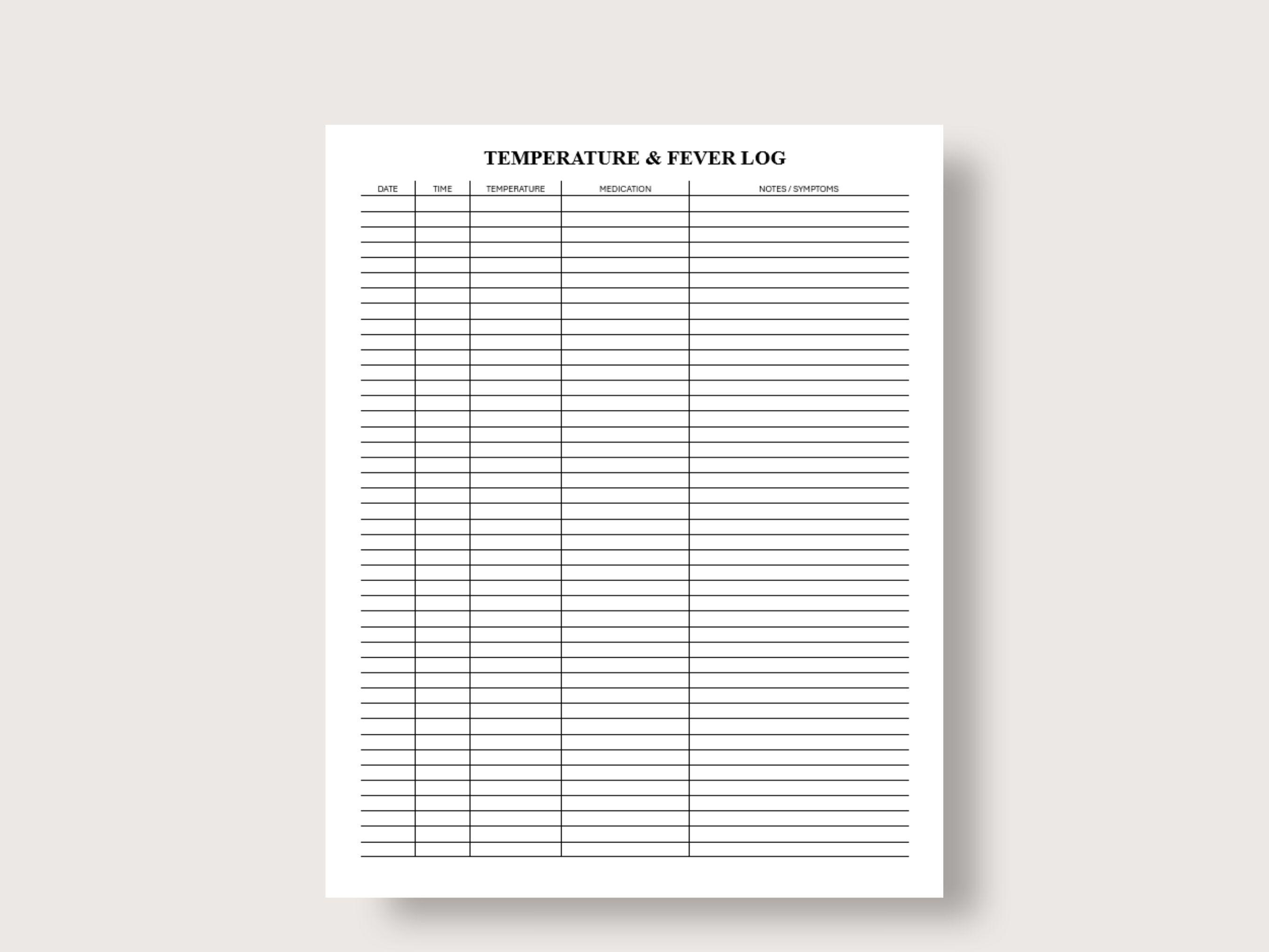 Temperature Log, Temperature Record, Temperature Sheet, Temperature ...