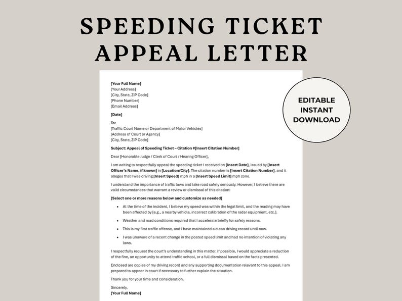 Speeding Ticket Appeal Letter Template: Customizable Legal Reference ...