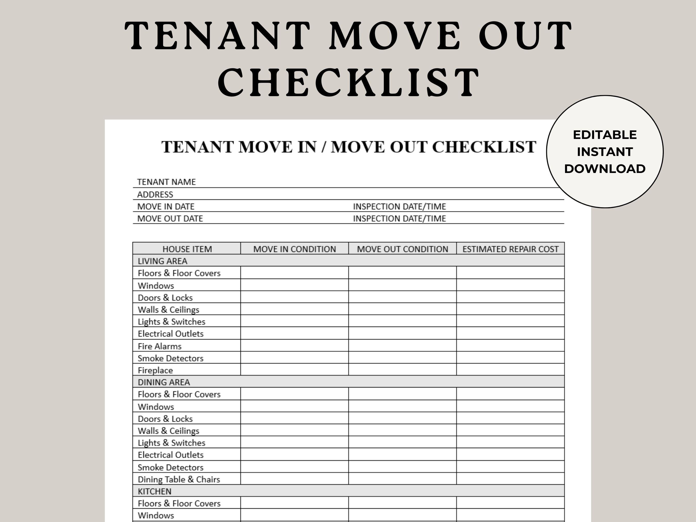 Tenant Move Out Checklist, Apartment Checklist, Walkthrough, Inspection ...