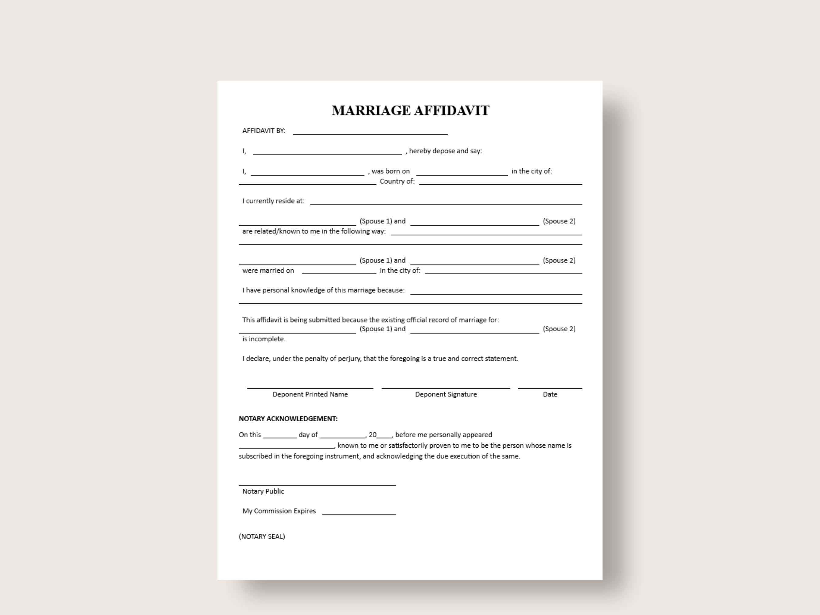 Editable Affidavit of Marriage Template: US Letter (digital Download ...