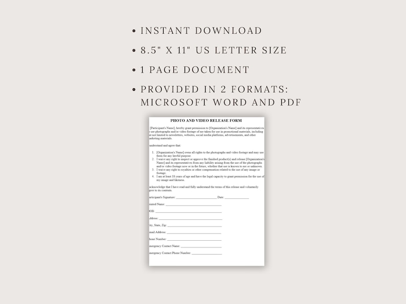 Photo and Video Release Form Template: Editable Legal Consent (digital ...