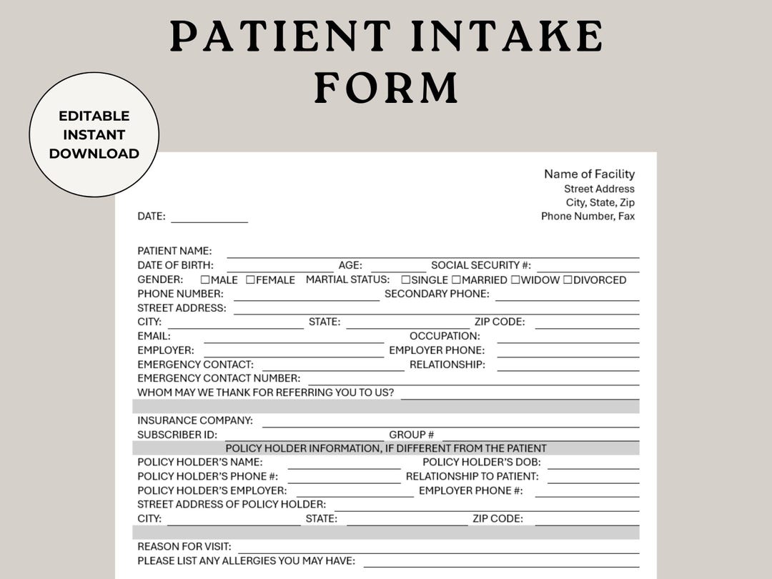 Patient Intake Form Template: Editable Clinic Forms (digital Download) - Etsy