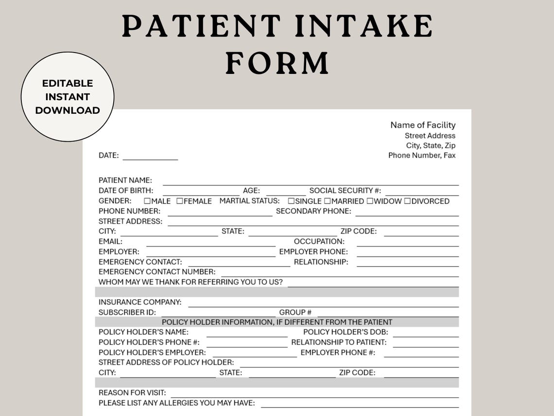 Patient Intake Form Template: Editable Clinic Forms (digital Download ...