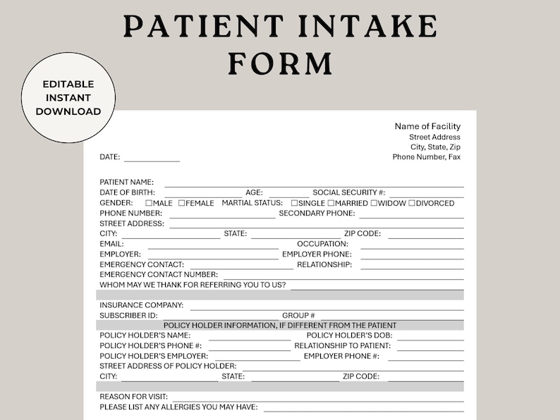 Patient Intake Form Template: Editable Clinic Forms (digital Download ...
