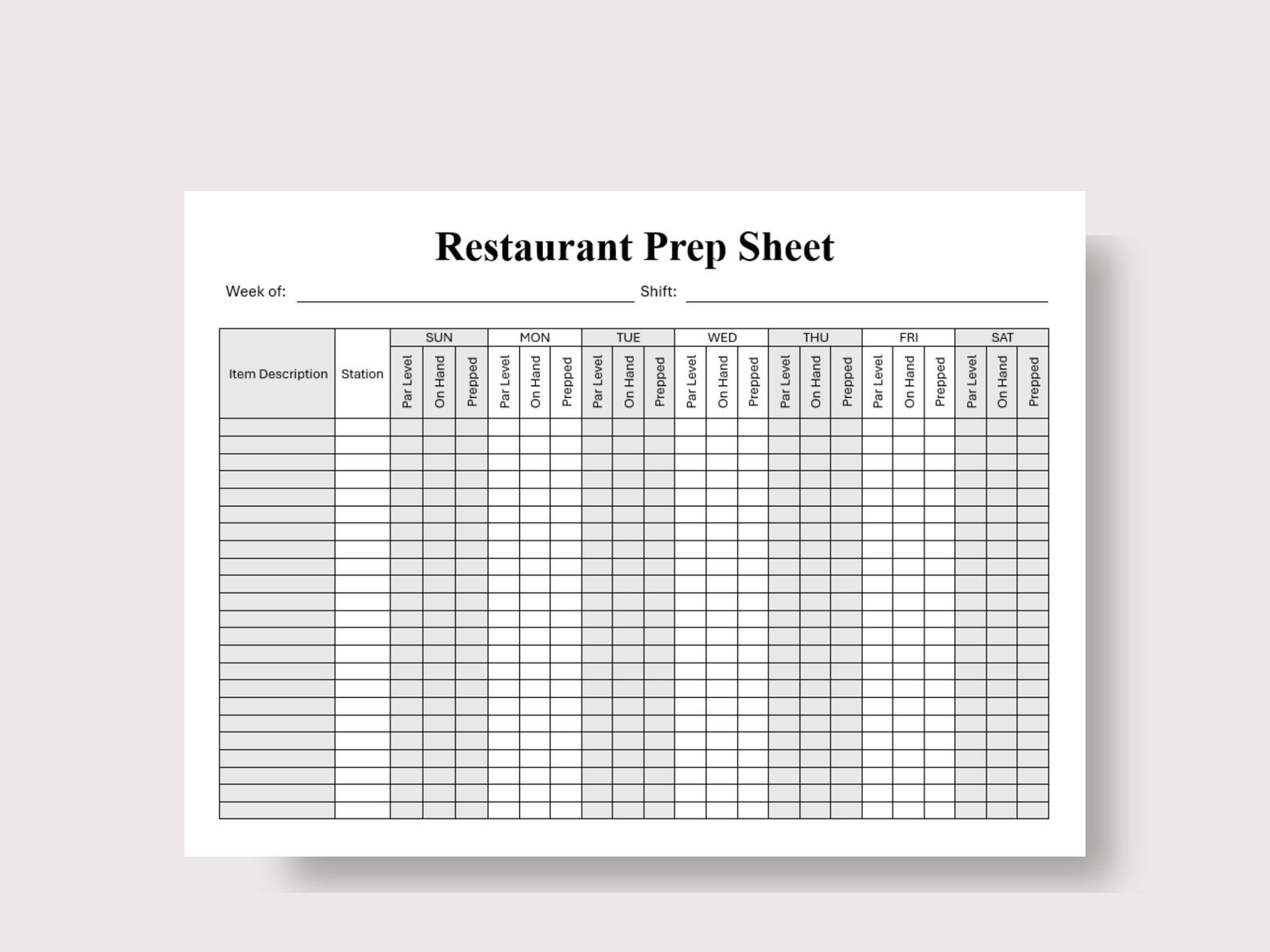Restaurant Prep Sheet, Food Prep Chart, Food Prep Sheet, Restaurant ...