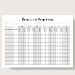 Restaurant Prep Sheet, Food Prep Chart, Food Prep Sheet, Restaurant ...