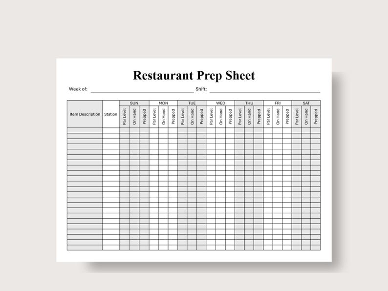 Restaurant Prep Sheet, Food Prep Chart, Food Prep Sheet, Restaurant ...