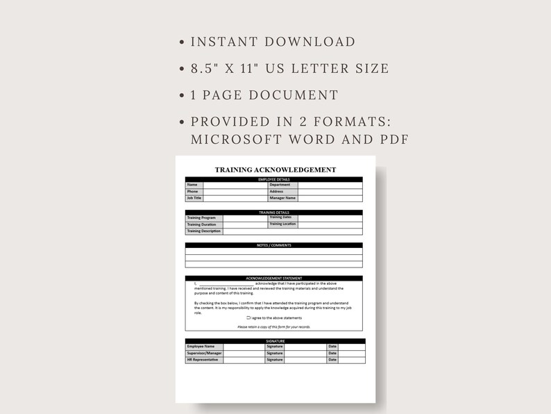 Training Acknowledgement Form: HR Employee Onboarding (digital Download ...