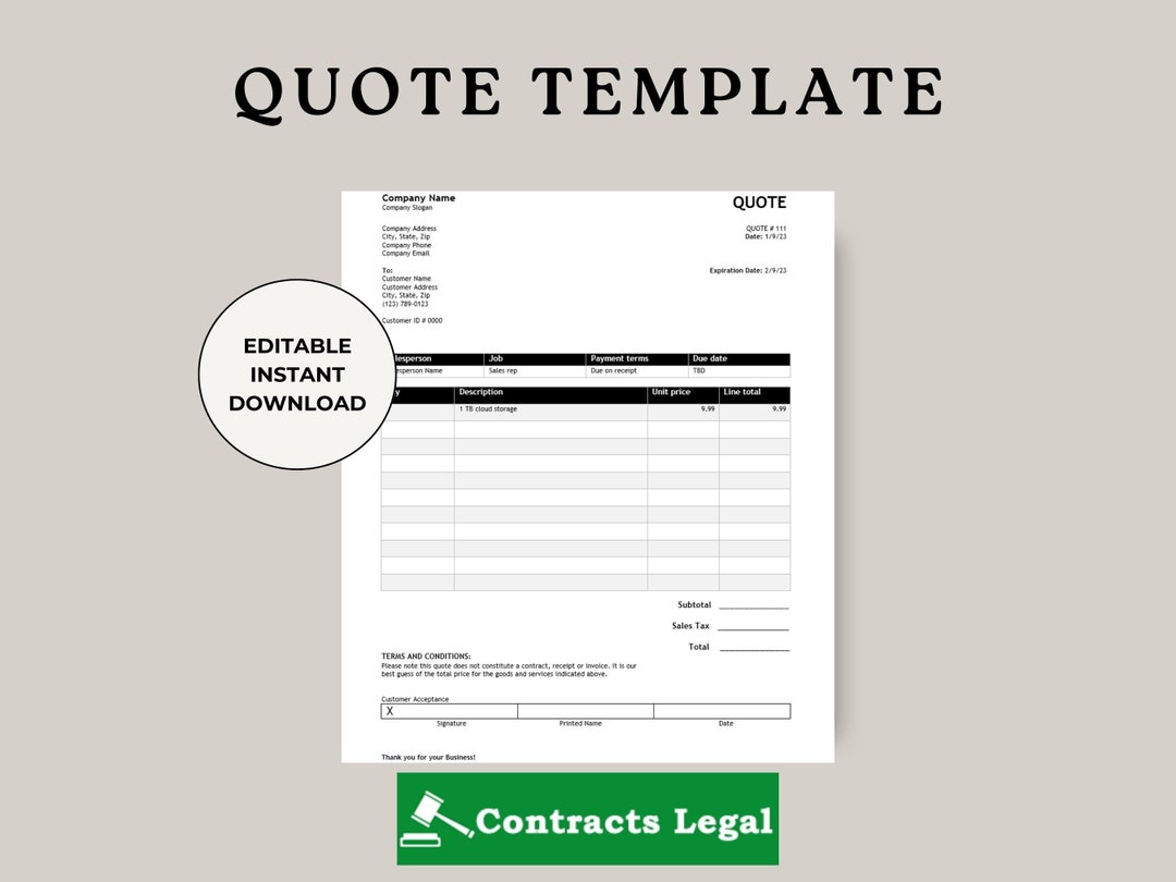 Quote Template, Quote Form, Job Quote, Quote Proposal, Estimate ...
