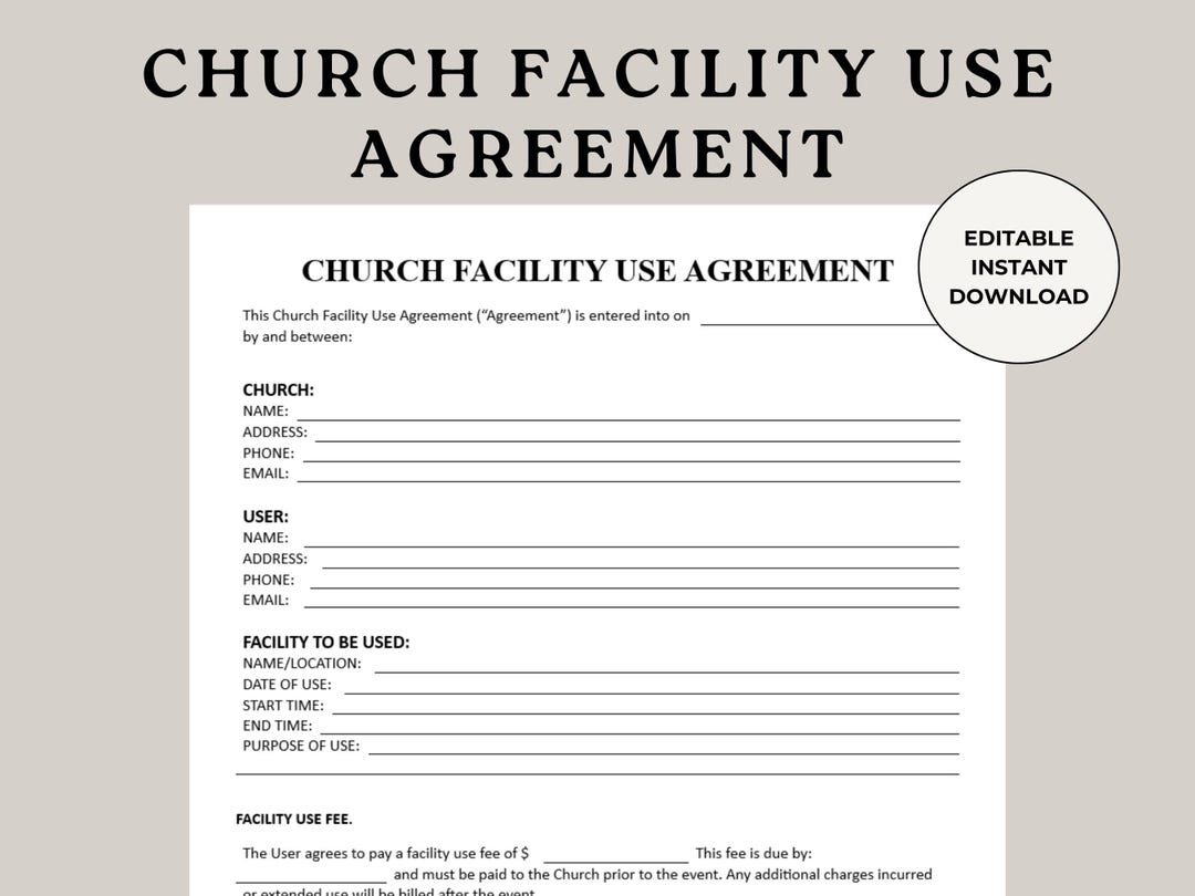 Church Facility Use Agreement Template: Customizable Event Venue Rental (digital Download, WORD ...