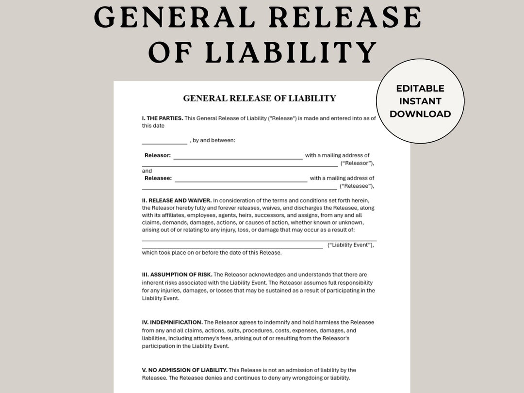 General Release of Liability, General Liability, Hold Harmless ...