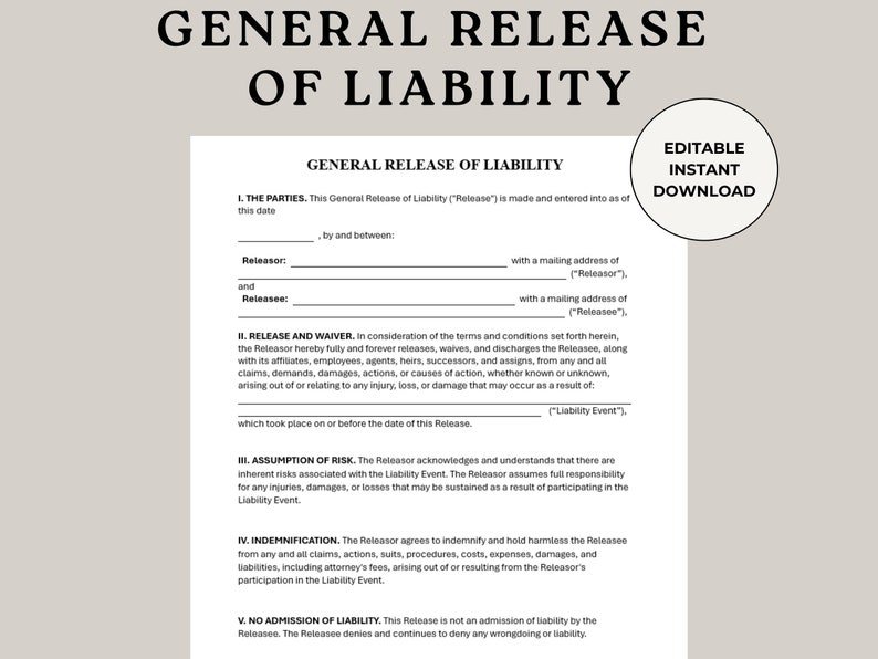General Release of Liability, General Liability, Hold Harmless ...