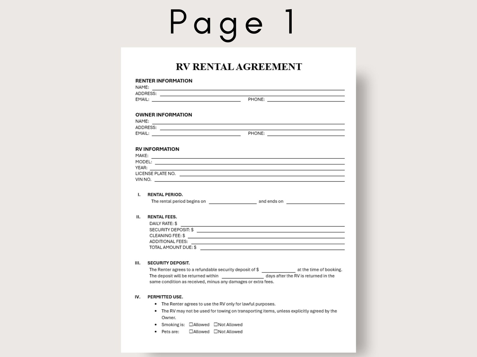 RV Rental Agreement, Motorhome Contract, RV Rental Contract, Trailer ...