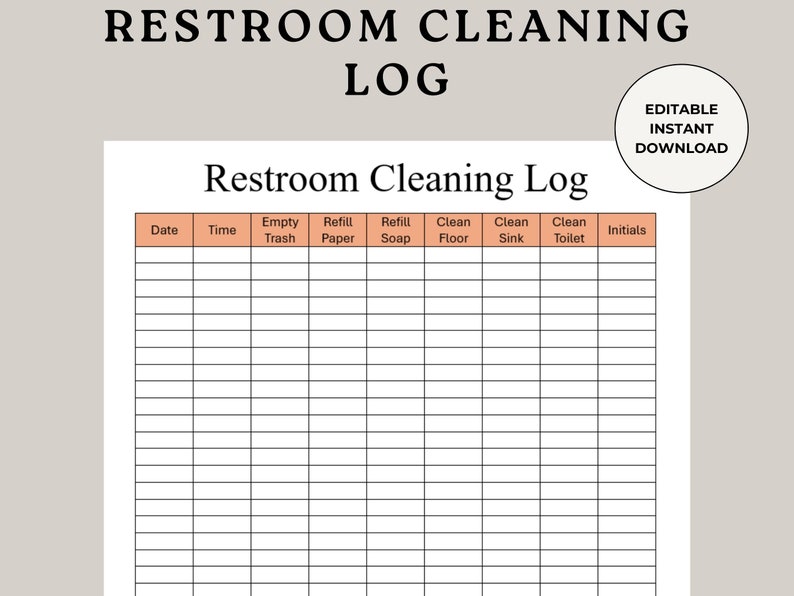 Restroom Cleaning Log, Cleaning Restroom Checklist, Cleaning Forms ...