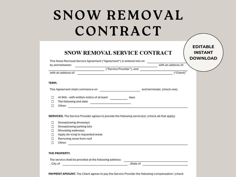 Snow Removal Contract Template: Customizable Agreement (digital ...