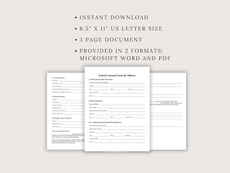 Minor Travel Consent Form: Child Travel Authorization (digital Download ...