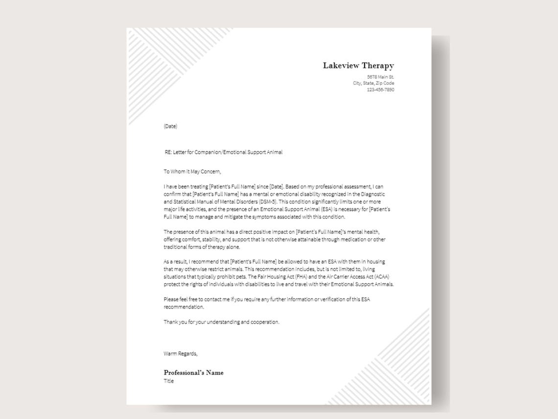 Emotional Support Animal Letter, ESA Letter, ESA Letter Template ...