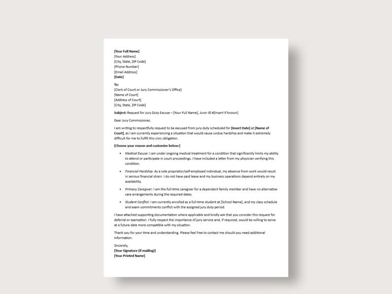Jury Duty Excuse Letter, Jury Duty Request, Jury Duty Hardship, Jury ...