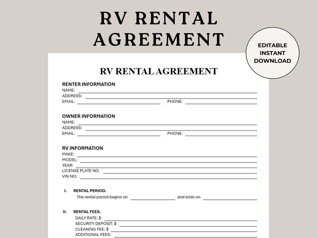 RV Rental Agreement, Motorhome Contract, RV Rental Contract, Trailer ...